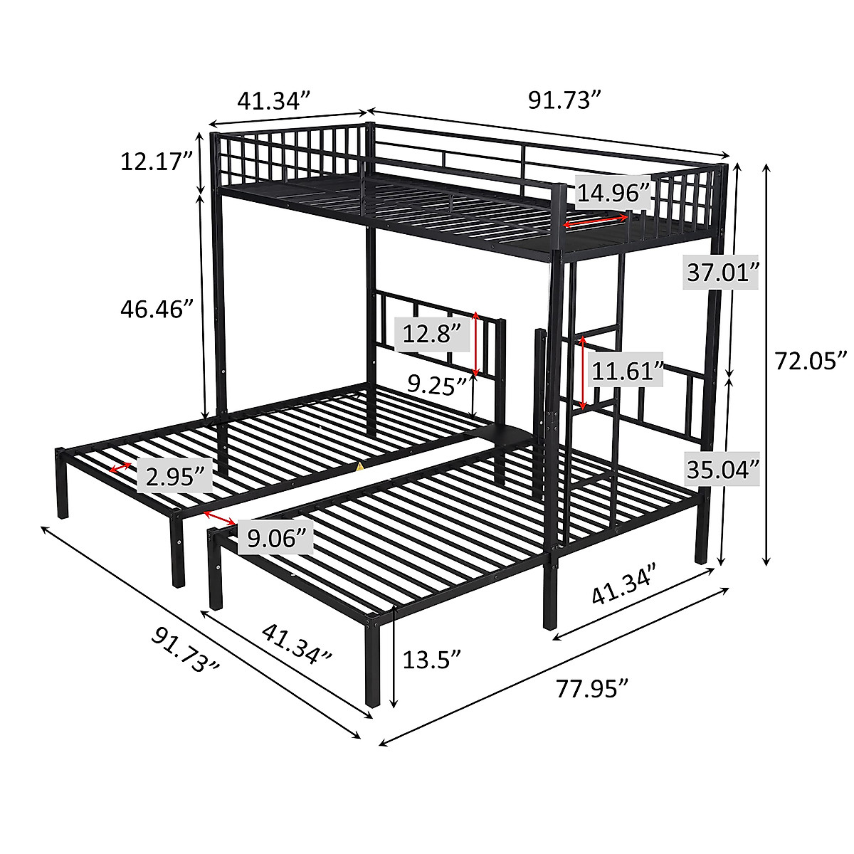 Harper & Bright Designs Twin Over Twin Bunk Beds for 3, Metal Triple Bunk Bed with Guardrails for Kids, Teens, Boys, Girls (Black)