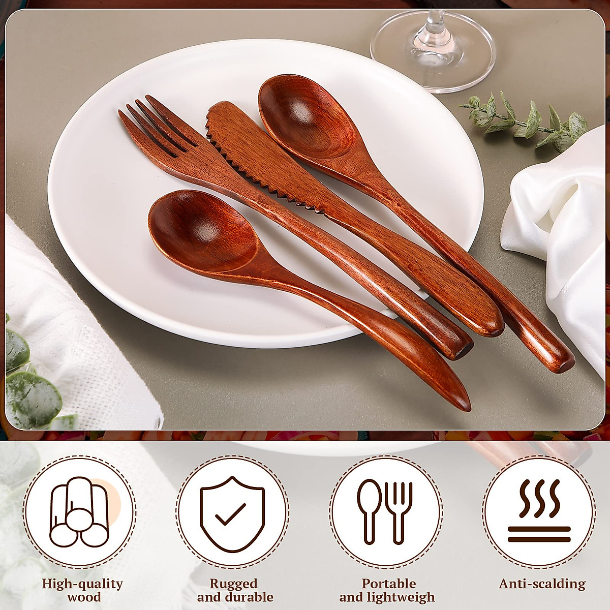 Wooden Forks and Spoons for Eating Utensils Set Curved Tailed Wooden Spoons Wooden Knives Wood Flatware Sets Travel Camping Kitchen Eating Dinner Parties Home (32 Pieces)