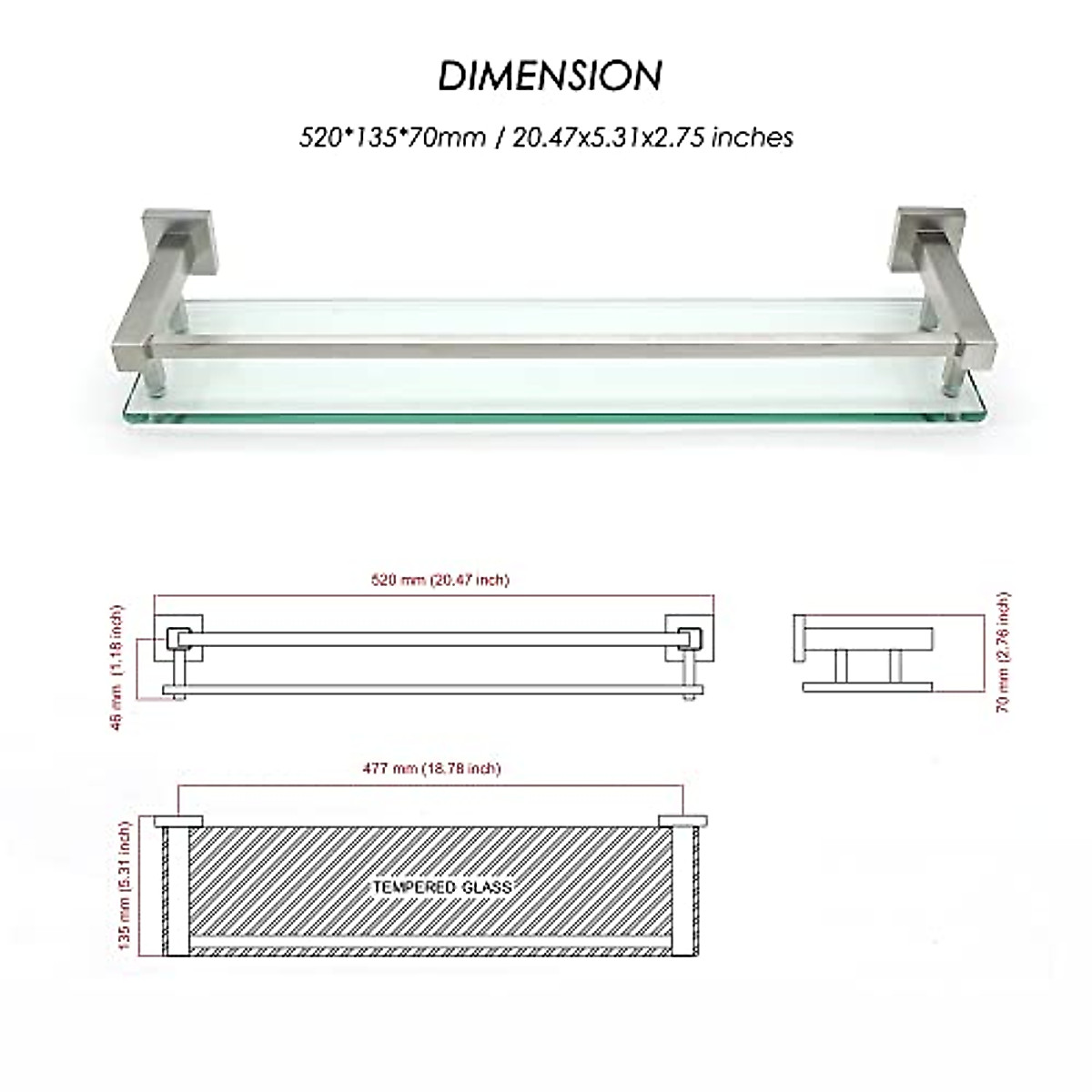 Bathroom Shelves Rectangle Tempered Glass Shelf SUS304 Stainless Steel with rail Lavatory Shower Caddy Floating Wall-Mount Home Decor Holder,20.5x5.3 inches Brushed Finish,1 Shelf with Hardware