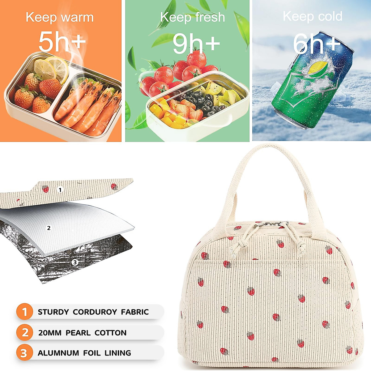 Bluboon Lunch Bag for Women Men Cute Corduroy Lunch Tote Bags Reusable Insulated Lunch Box Large Capacity Reusable Insulated Cooler for Work Picnic or Travel (Corduroy strawberry)