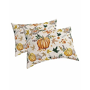 Thanksgiving Pillow Covers Standard Size Set of 2 Bed Pillow, Colorful Pumpin Maple Leaves Fall Rustic Burlap Plush Soft Comfort for Hair/ Skin Cooling Pillowcases with Envelop Closure 20''x26''