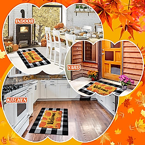 Geelin 2 Pcs Thanksgiving Day Doormat Front Door Mat Pumpkin Fall Welcome Mat Indoor Non Slip Black White Buffalo Checkered Rug Door Entrance Mat for Indoor Outdoor