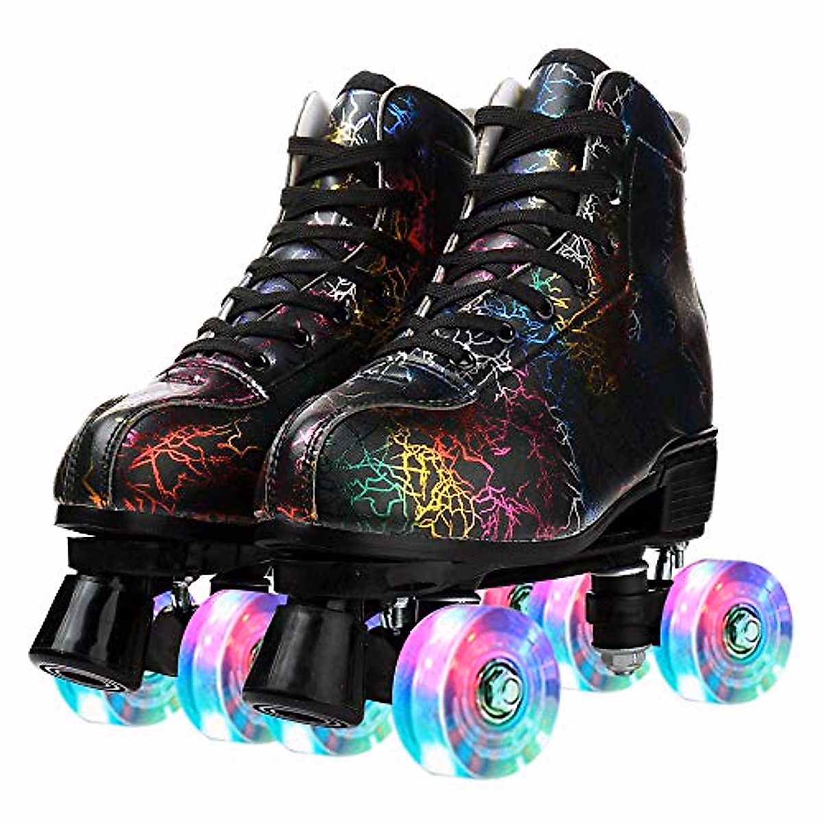 LEAFIS Roller Skates Classic High-top for Adult Outdoor Skating Light-Up Four-Wheel Roller Skates Shiny Roller Skates for Women (Lightning Black Flash Wheel,43)