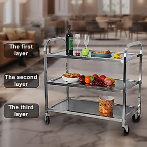 uyoyous Stainless Steel Utility Cart 37"x20"x37" 3-Tier Large Heavy Duty Industrial Serving cart with 360°Rotation Wheels Kitchen Island Stainless Steel Storage Trolley for Hotel Restaurant Home Use