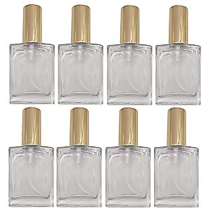 PimyRcyi 8PCS Square Glass Spray bottle,Small Refillable Container with Fine Mist srpayer,Perfume bottle (50ml, Clear+Gold)