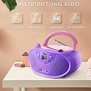 hPlay Gummy GC04 Portable CD Player Boombox with Digital Tunning AM FM Stereo Radio Kids CD Player LCD Display, Aux-Port Supported AC or Battery Powered - Pastel Violet