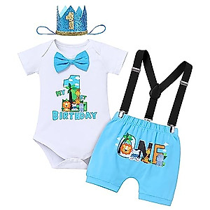 Wild One Birthday Decorations Supplies, Jungle Theme First Birthday Decoration, Newborn Baby Cotton Bodysuit One Pants Clothes Set for 1st Birthday Boy Safari Party Supplies Blue 12-18 Months