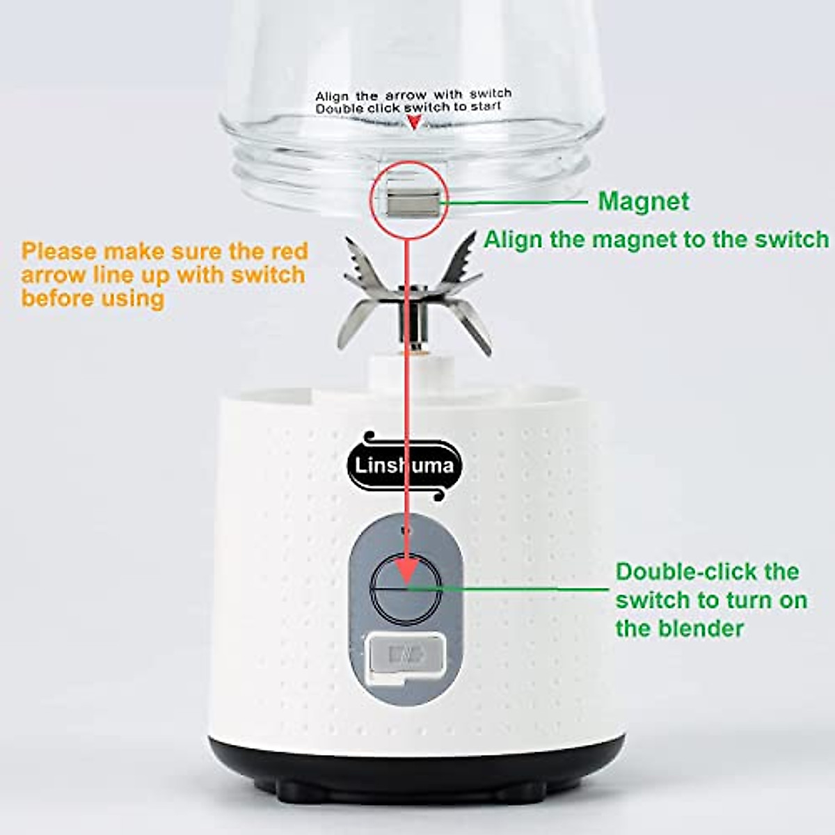 Personal Blender, Portable Blender USB Rechargeable, Linshuma Mini Blender Cup for Shakes and Smoothies, Fresh Fruit Juice Blender Bottle Electric for Travel Gym Office 6 Blades 380ML White