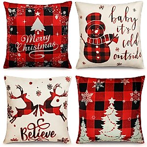 Christmas Pillow Covers 18×18 Inch Set of 4 Farmhouse Christmas Pillow Covers Christmas Pillow Cases for Sofa Couch Christmas Decorations Throw Pillow Covers