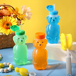Zubebe 12 Pack Honey Bear Straw Cups Bulk with 24 Flexible Straws and Cleaning Tools, 8 Oz Therapy Sippy Bottles for Speech and Feeding Training Daily Drinking Supplies (Green, Orange, Blue)