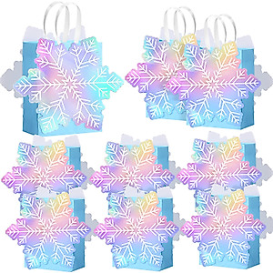 Kolldenn Christmas Iridescent Snowflake Gift Bags Holographic Frozen Goodie Bags Snowflake Party Favors Bags Winter Paper Bags with Handles for Xmas Winter Holiday Birthday(12 Pack)