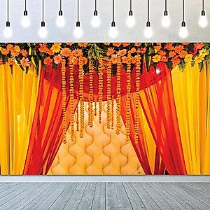 YongFoto 9x6ft Happy Diwali Backdrop Banner Indian Traditional Backdrop Happy Holi Backdrop Hindu Indian Wedding Background Flower Garland Yellow Tulle Curtain Anniversary Backdrop