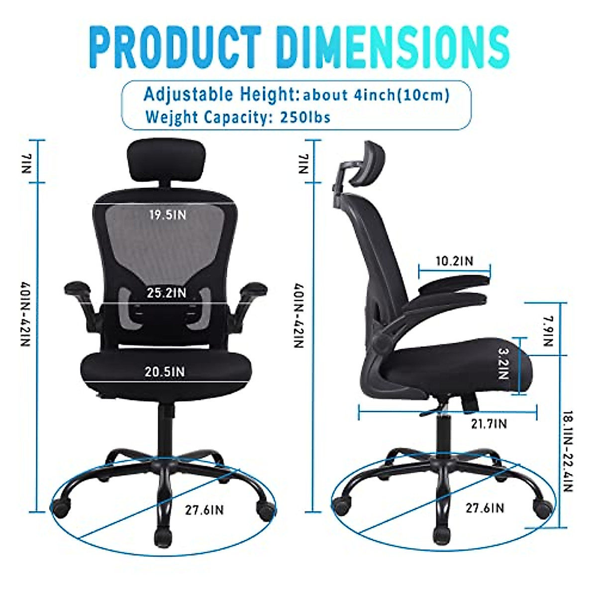 Flysky Ergonomic Office Desk Chair Breathable Mesh Swivel Computer Chair, Lumbar Back Support Task Chair, Office Chairs with Headrest and Flip-up Arms, Adjustable Height Executive Rolling Chair