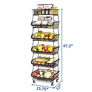 Wisdom Star 6 Tier Fruit Vegetable Basket, Wire Storage Basket Organizer Utility Cart with Wheels, Vegetable Basket Bins for Onions and Potatoes, Fruit Vegetable Storage Cart for Kitchen, Black