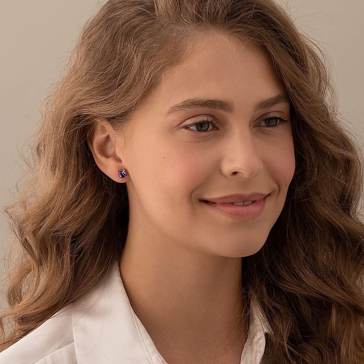 Peora 14K White Gold Tanzanite Stud Earrings for Women, Genuine Gemstone, Hypoallergenic, AAA Grade, Cushion Cut 6mm, 2 Carats total, Friction Back, Tanzanite Gold Earrings, Dainty Earrings Studs