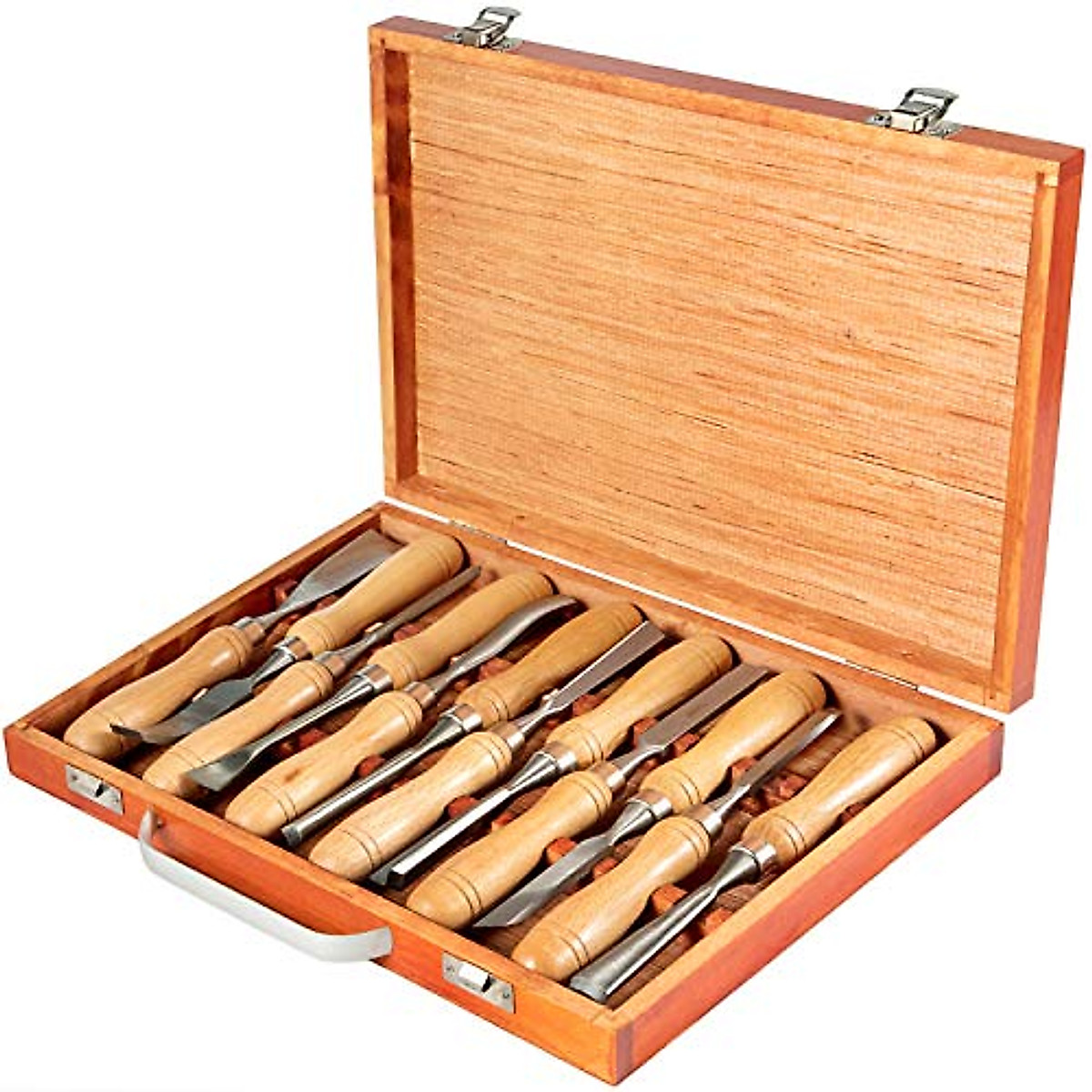 Mophorn Wood Chisel Sets 12pcs，Wood Carving Hand Chisel 3-3/4Inch Blade Length,Woodworking Chisels with Red Eucalyptus Handle,Wood Tool Box,for Wood Carving Root Carving Furniture Carving Lathes