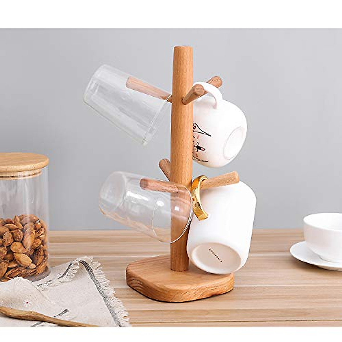 Hooshion Wooden Mug Rack Holder Stand, Coffee Mug Holder Stand, Mug Tree Holder with 6 Hooks Cups Organizer Cups Dryer for Tea Cup Coffee Cup Mug