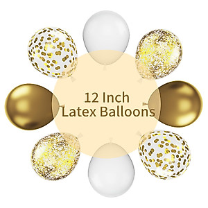 GREMAG White and Gold Balloons, 12inch Metallic Gold White Confetti Gold Balloon Kit with Ribbons, 60Pcs Latex Balloons for Birthday Wedding Engagement Bridal Shower Anniversary Graduation Baby Shower