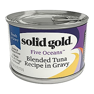 Solid Gold Wet Cat Food Shreds in Gravy - Canned Cat Food Made w/Real Tuna for Cats of All Ages - Five Oceans Grain Free Cat Wet Food for Sensitive Stomach & Overall Wellness - 16ct/6oz Can