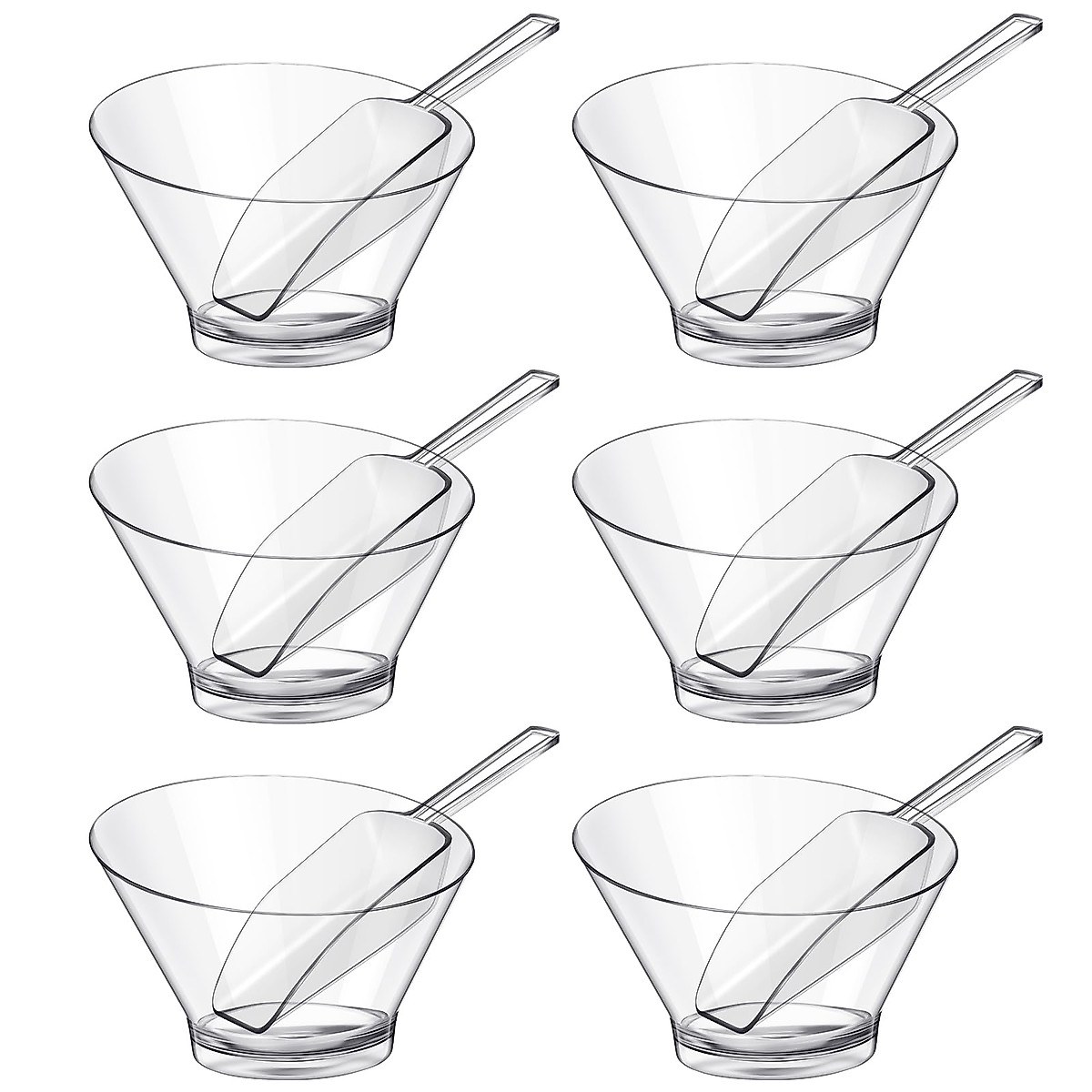 Sawysine 12 Pcs Plastic Clear Serving Bowls with Kitchen Plastic Scoops Salad Serving Bowls Popcorn Scoops Angled Candy Bowl for Salad Cooking Parties, 210 ml