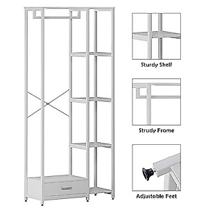 SogesHome Hall Tree with 1-Drawer, 3-in-1 Wood Cloth Garment Racks, Coat Stand with 4-Tier Side Storage Shelves, Home Storage Stand Open Display for Living-room, Bedroom, White