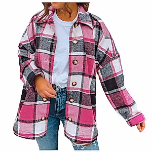 Women Flannel Shirts Plus Size, Women Plaid Long Shirt Button Down Collar Long Sleeve Oversized Shacket Jacket Hot Pink
