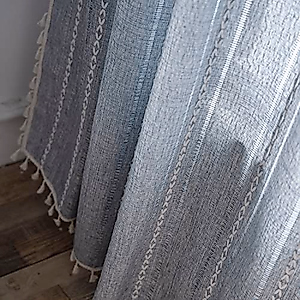 ColorBird Boho Linen Curtains for Bedroom, 84 inch Blue Striped Room Darkening Curtains & Drapes, 2 Panels Embroidered Window Curtain Panels for Dining Living Room Nursery Doorways