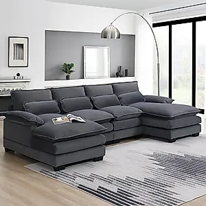 Tmsan 109.8" Sectional Sofa Cloud Couch for Living Room, Modern U Shaped Modular Sofa with Double Chaise Lounge, Large 4 Seater Chenille Sleeper Sofa for Apartment Office (Grey)