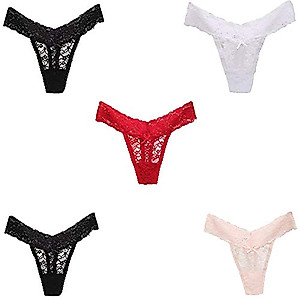 Women's Sexy Lace Thongs V Cheeky Underwear See Through Panties Pack of 5(A08,M)