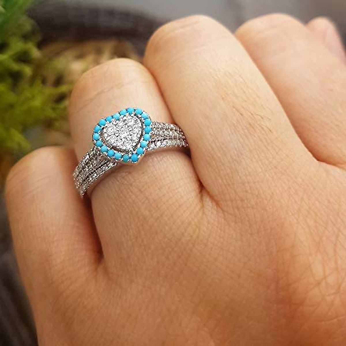 Dazzlingrock Collection Round Turquoise & White Diamond Ladies Heart Shaped Wedding Ring Set in 14K White Gold, Size 7