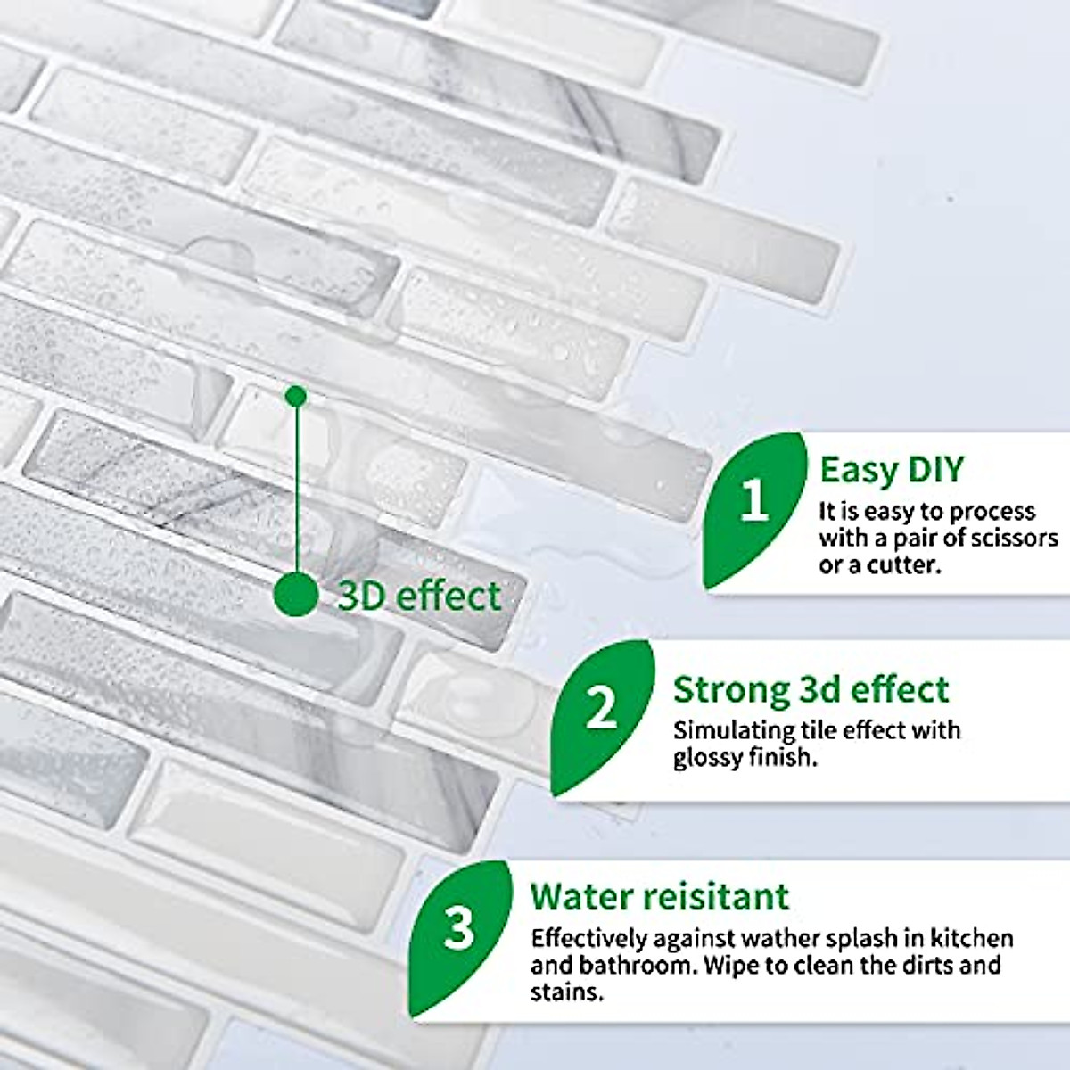 LONGKING 10-Sheet Self-Adhesive Peel and Stick Backsplash for Kitchen, Vinyl Decorative Tiles (Light Gray)