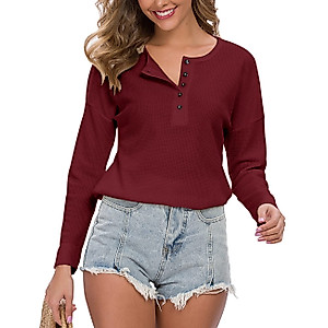WNEEDU Women's Waffle Knit Tunic Tops Loose Long Sleeve Button Up V Neck Henley Shirts,Jujube Red XL