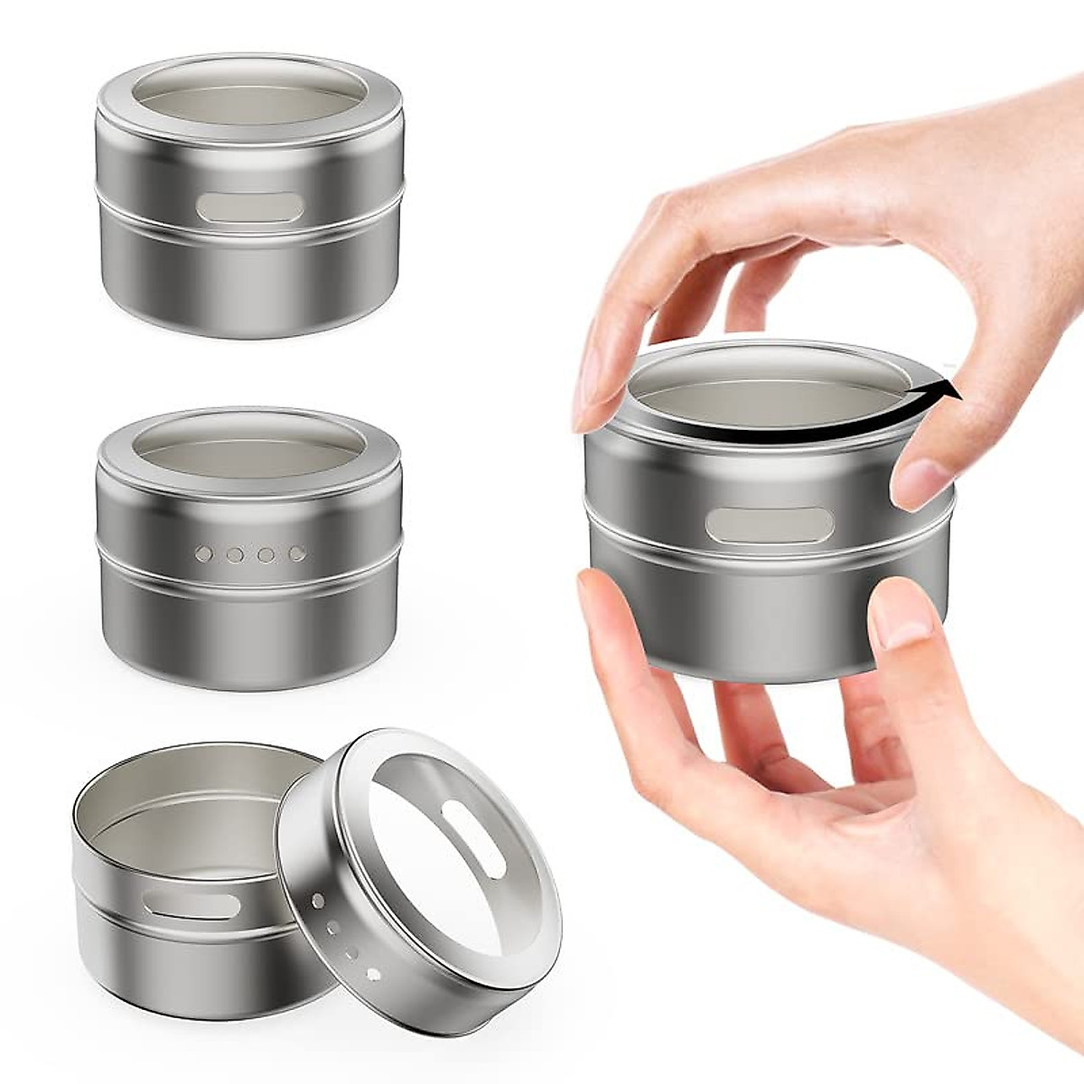 Vetacsion Set of 8 Magnetic Spice Tins with 2 Metal Wall-Plates,100 Preprinted Seasoning Label Stickers,2 Styles for 3 oz Herb Jars