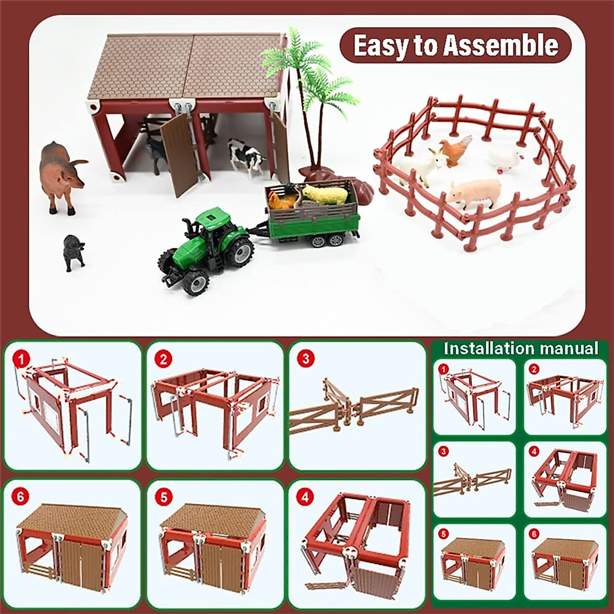 BOLZRA Mini Barn Farm Toys Playset, 66PCS Plastic Animals Figurines and Fence Farm Playset, Farm Figures Farmer Vehicle Toy Truck with Trailer for 3-12 Years Old Kids Boys Girls Toddlers