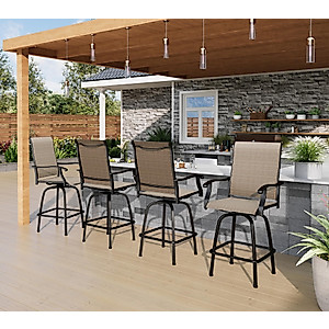 PHI VILLA Outdoor Bar Stools Set of 4, Swivel Patio Bar Stools & Chairs with 30" Seat Height & Brown Textilene Backrest, Tall Outdoor Chairs Bar Funiture for Outside, Porch and Yard