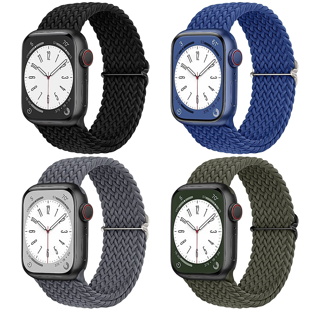 DaQin 4 Pack Braided Solo Loop Bands Compatible with Apple Watch Band 38mm 40mm 41mm Women Men, Adjustable Stretchy Nylon Bands Elastic Sport Wristbands for iWatch Series 10 9 8 7 6 5 4 3 2 1 SE Ultra