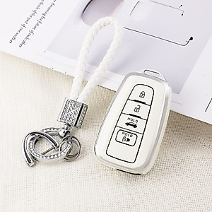 PIFOOG Key Fob Cover for Toyota Camry RAV4 Corolla C-HR Avalon Highlander Prius Smart Keys Case Shell Protector Bling Keychain Accessories 4 Button TPU Girly Women White Silver