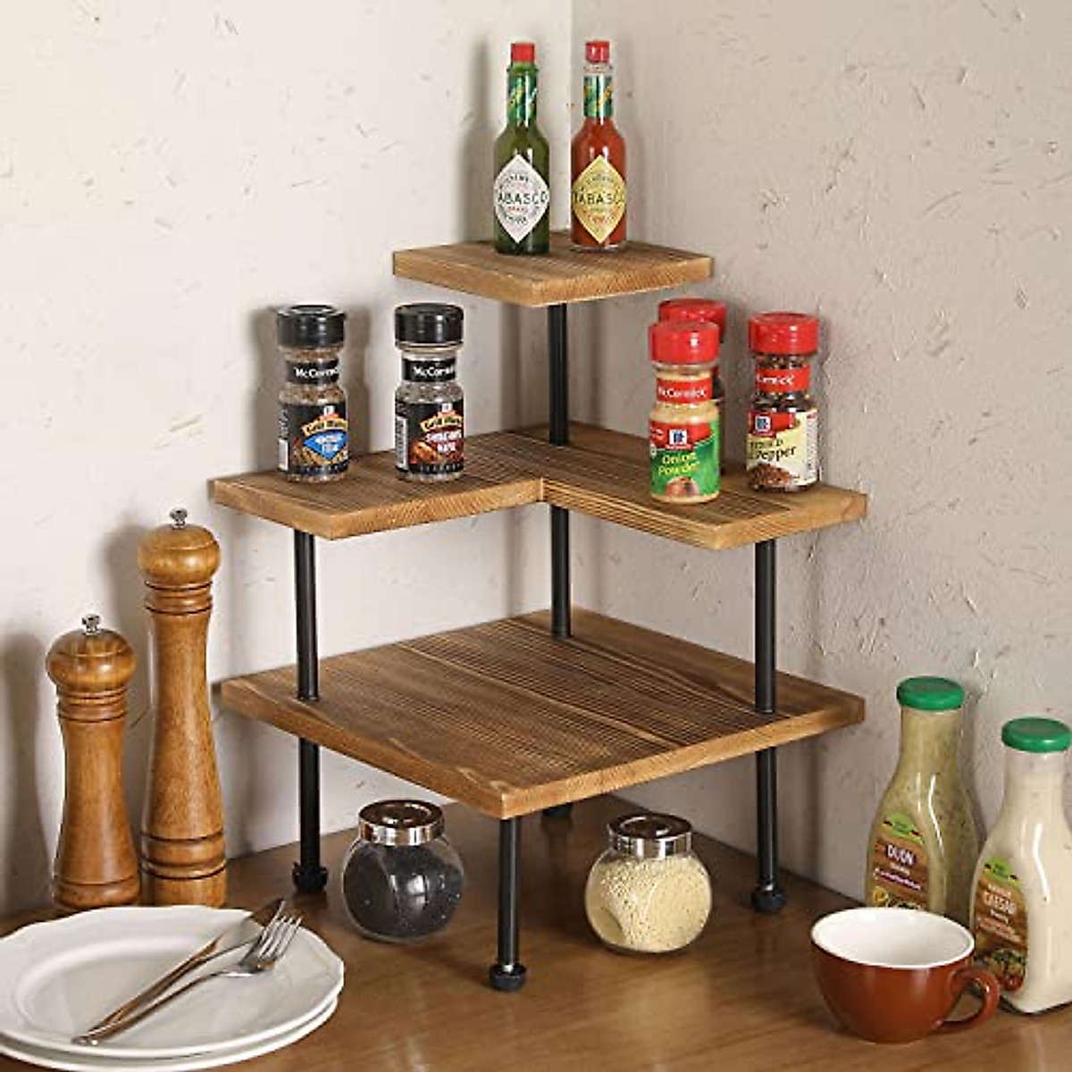 MyGift 3 Tier Rustic Burnt Wood Kitchen Countertop Corner Shelf, Counter Spice and Condiment Storage Display Rack, with Black Industrial Metal Pipe Legs