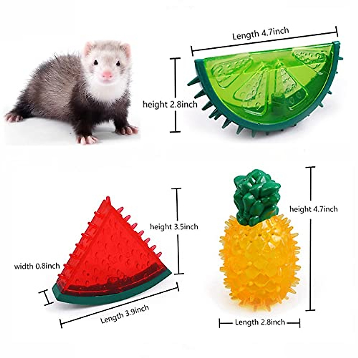 HAICHEN TEC 3 Pack Ferret Cooling Chew Toys, Frozen Fruit Shape Teething Toy for Ferret, Durable Bite Resistant Summer Interactive Squeaky Toys Pet Treat Training Tools for Small Animal (3 Pack)
