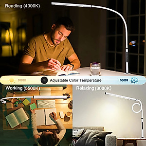 AmazLit Eye-Caring Desk Lamp, Gooseneck Lamp with Clamp, Swing Arm Desk Light, Adjustable Brightness & Color Temperatures, Memory & Timer Function, Clip on Desk Lamp for Home Office, 12W, White