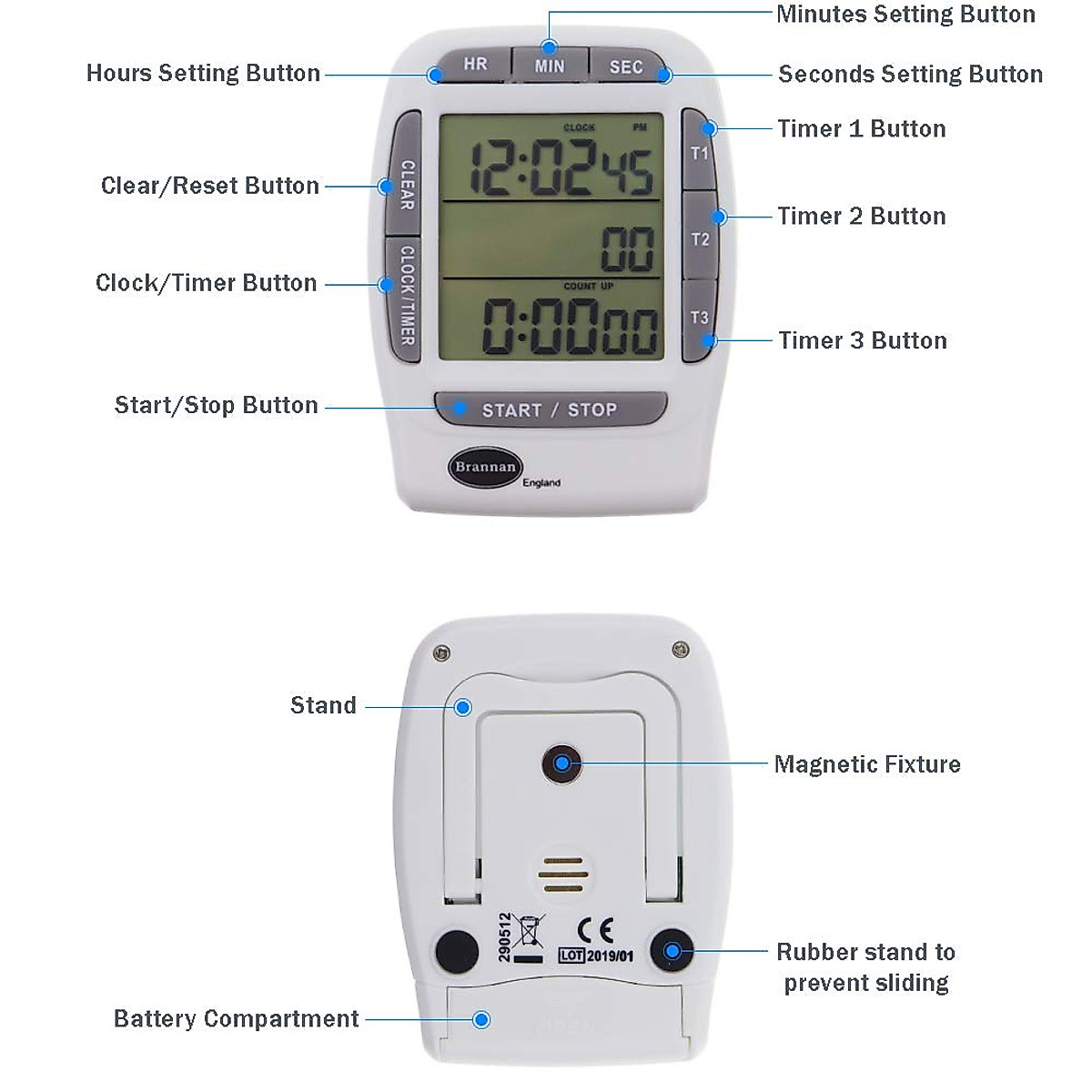Digital Triple Kitchen Timer and Clock for Cooking and Baking with Led Countdown Timer Numbers with Alarm and Magnet Fixing