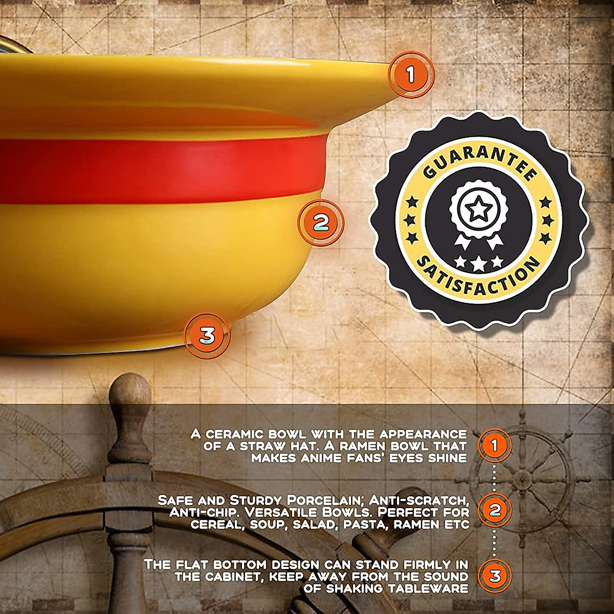 Anime One Piece Ramen Bowl Set with Chopsticks - Luffy Straw Hat Design for Noodles, Udon, Snacks, and More - One Piece Gift for Anime Fans and Christmas - Ceramic