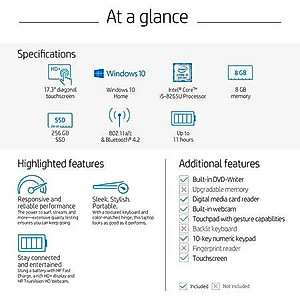 HP 17.3" HD+ SVA BrightView WLED-Backlit Touchscreen Laptop, Intel Quad-Core i5-8265U up to 3.9GHz, 8GB DDR4, 256GB NVMe SSD, Optical Drive, Bluetooth, Wi-Fi, HD Audio, HD Webcam, Lumiere Blue