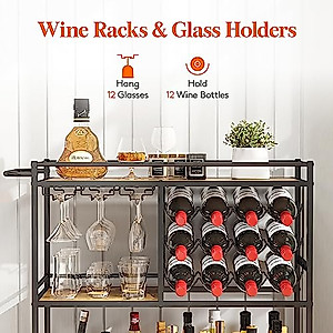 Lifewit Bar Cart for The Home, 3 Tier Drink Cart with Lockable Wheels, 12 Wine Rack and 3 Rows Glass Holders, Liquor Serving Cart for Kitchen Dining Livingroom, 31.6" x 13.1" x 33.9", Rustic Brown