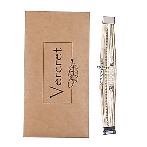 Vercret Leather Wrap Bracelet for Women - Multi-Layer Bracelets with Pearl Cross Beige Magnetic Clasp Bangle Cuff Stacked Bracelet for lady and Mother