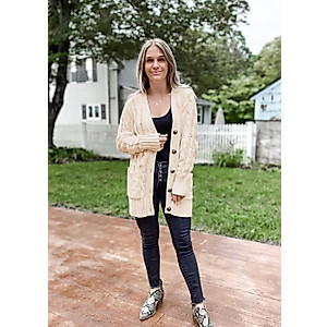 PRETTYGARDEN Women's Open Front Cardigan Sweaters Fashion Button Down Cable Knit Chunky Outwear Coats (Beige,Small)