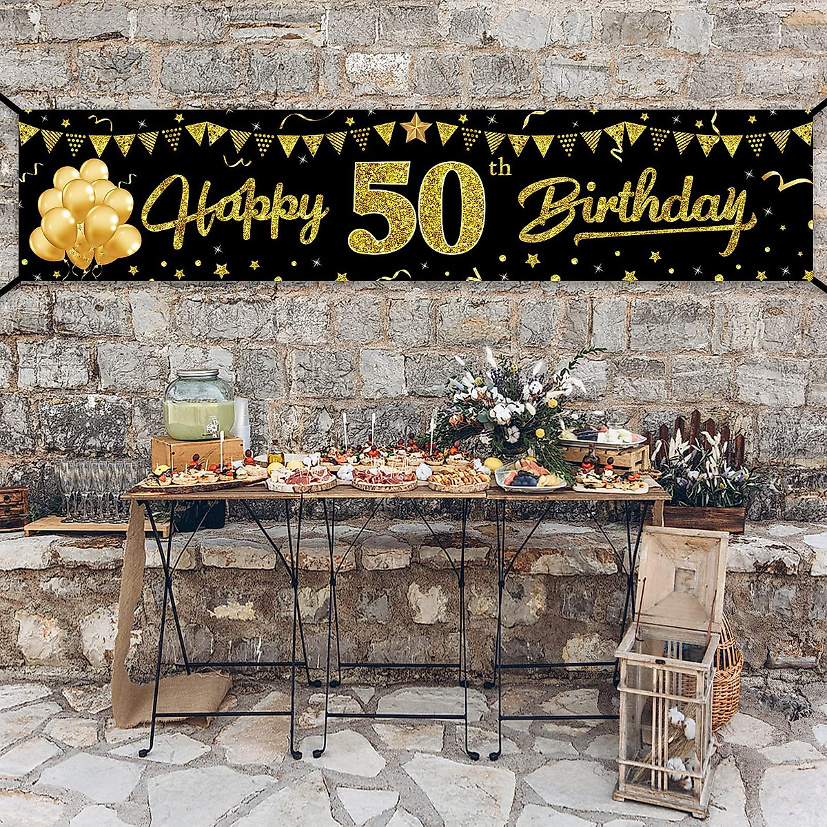 Happy 50th Birthday Banner Decorations, Black Gold 50 Birthday Sign Party Supplies for Men Women, Fifty Birthday Decor Photo Booth Props for Outdoor Indoor