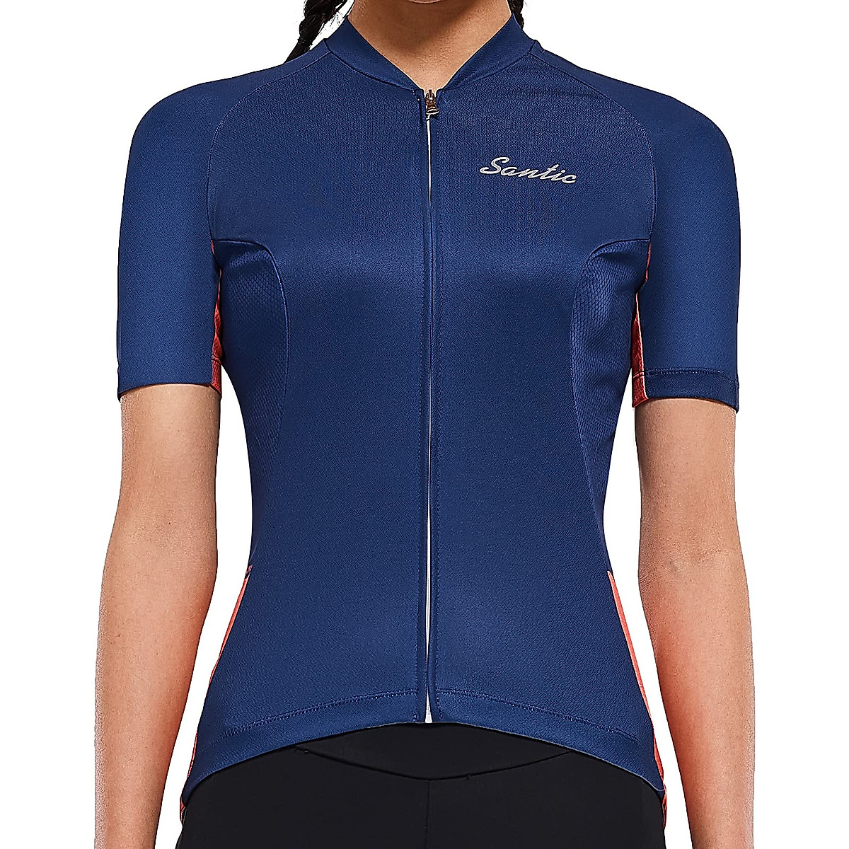 Santic Women's Cycling Jersey Short Sleeve Biking Shirt Full Zip Tops with 3 Pockets Breathable Quick Dry Navy
