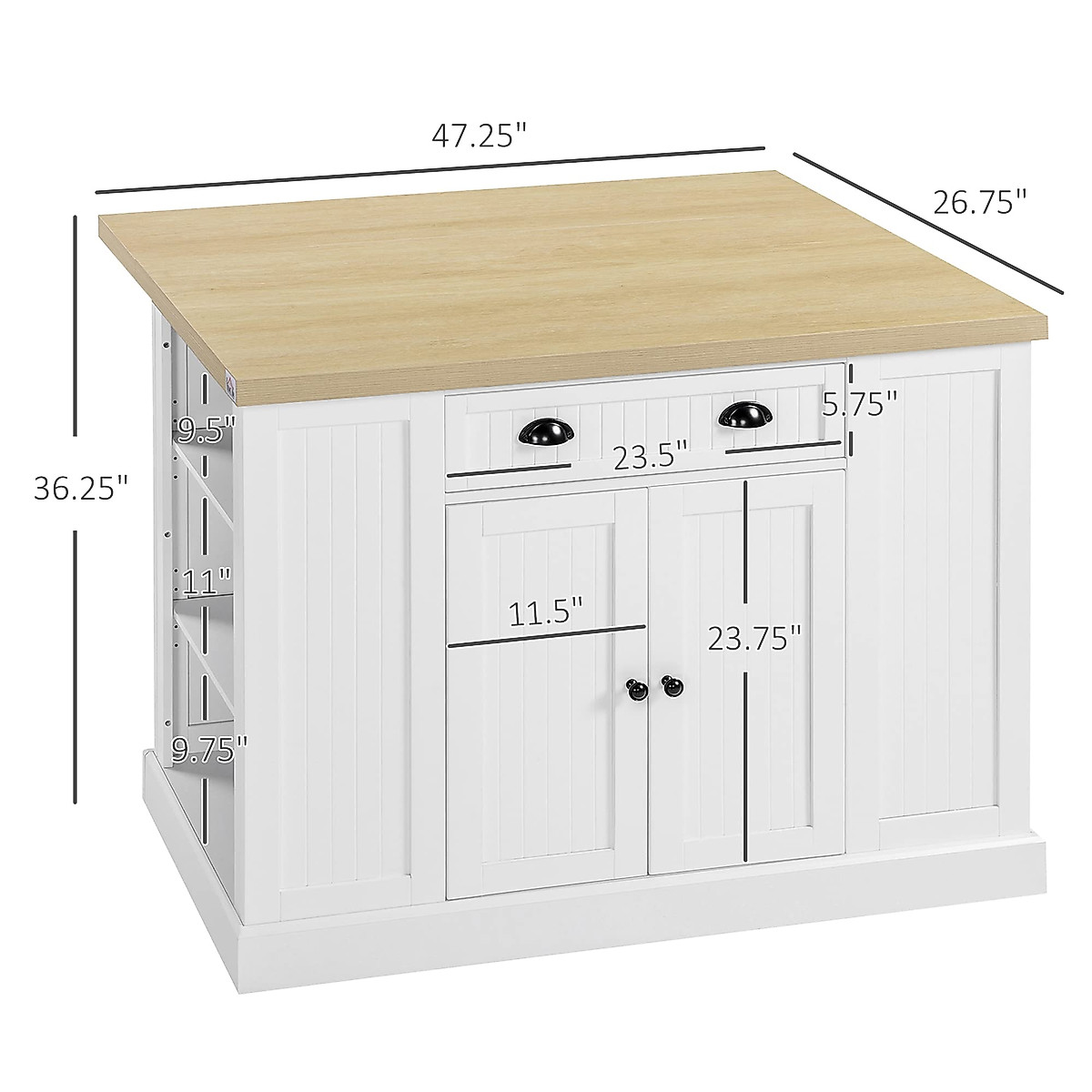 HOMCOM 47" Fluted-Style Wooden Kitchen Island, Kitchen Countertop Storage Cabinet with Drop Leaf, Drawer, Open Shelves, Storage, White