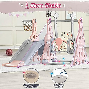 BIERUM 4 in 1 Toddler Slide and Swing Set, Kid Slide for Toddlers Age 1-3, Baby Slide with Basketball Hoop, Indoor Outdoor Slide Toddler Playset Toddler Playground Pink